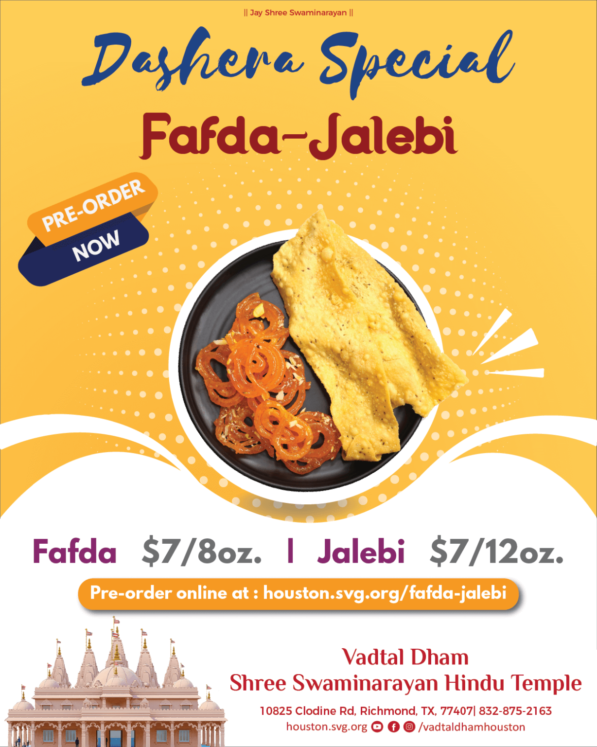 Dashera Special | Fafda - Jalebi Pre-order - Vadtal Dham - Houston, TX USA